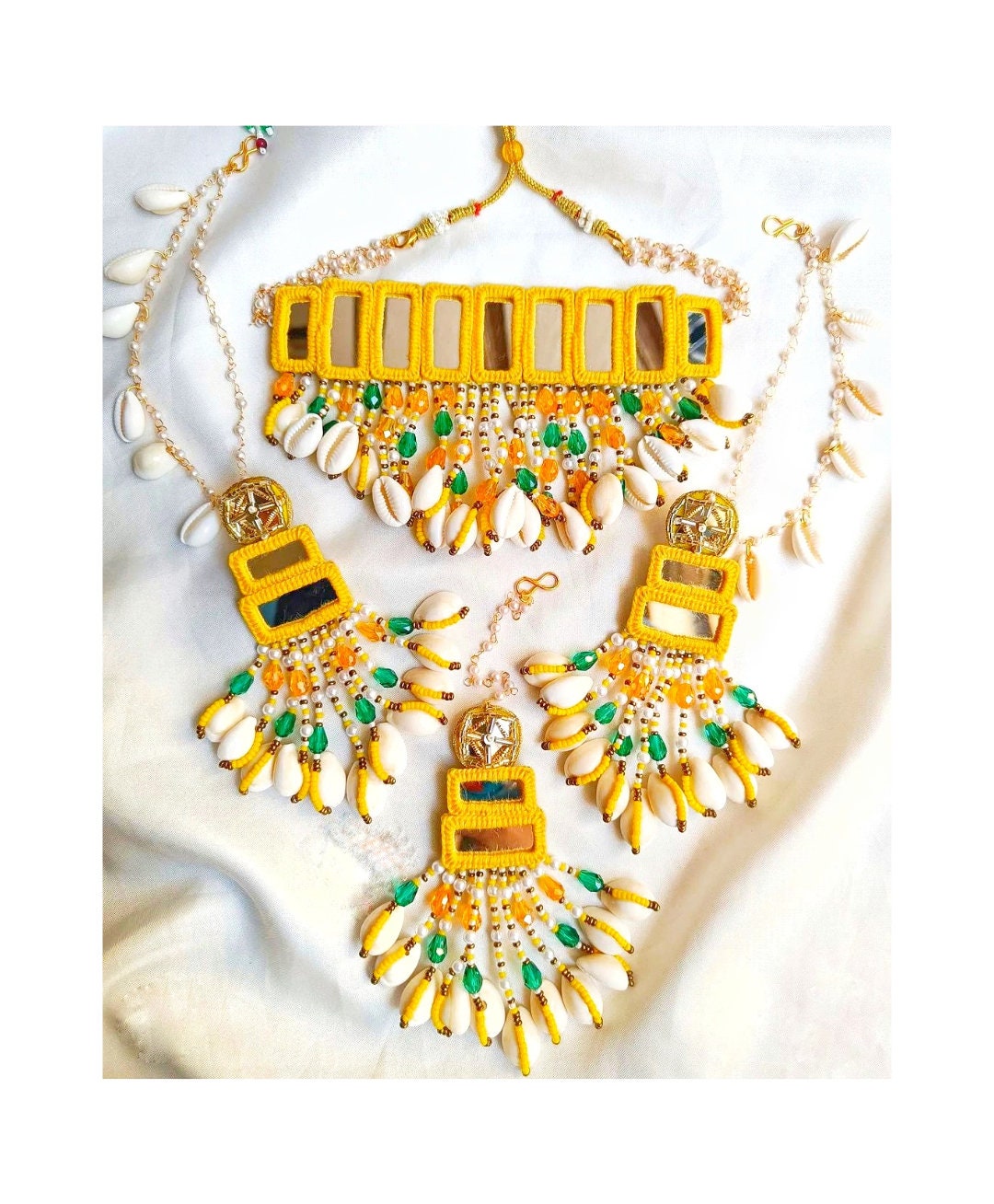 Haldi Bridal Handicraft Cowrie Shell Jewelry Set Handmade Yellow Mirror ...
