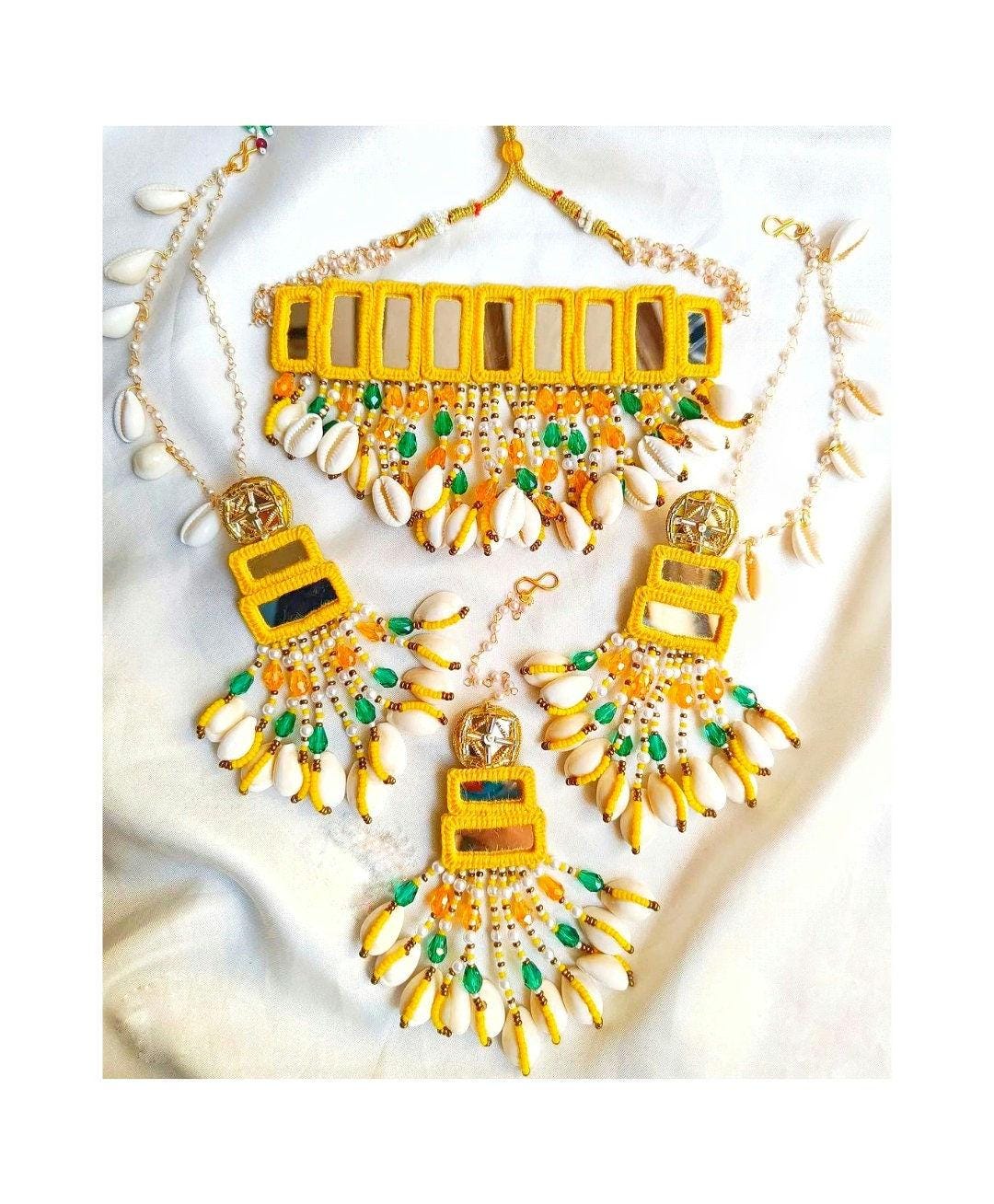Haldi Bridal Handicraft Cowrie Shell Jewelry Set Handmade Yellow Mirror ...