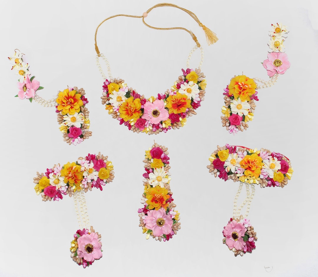 Haldi Bridal Floral Jewelry Floral Pink Yellow White Jewelry Mehendi ...