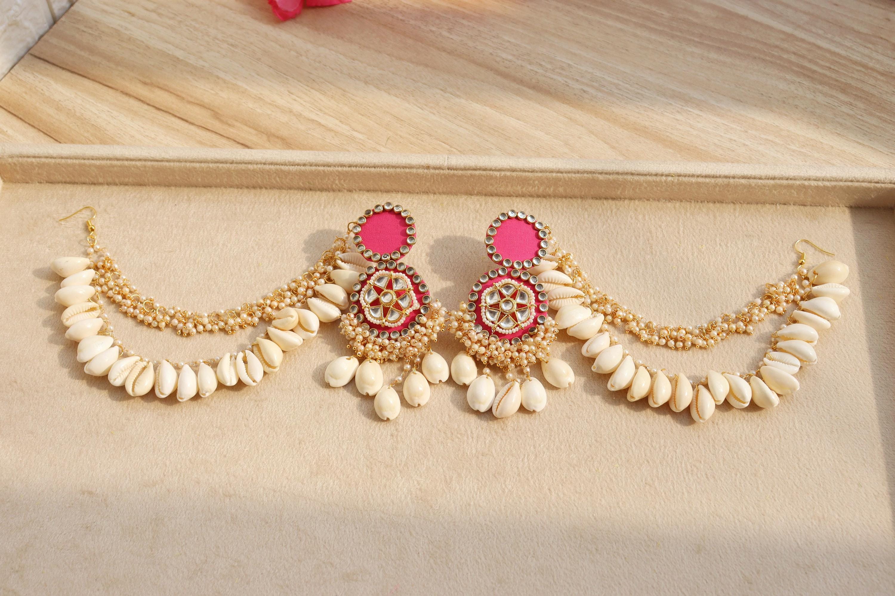 Haldi Kundan Shells Jewelry Set Green Bridal Shells Jewelry for Haldi ...
