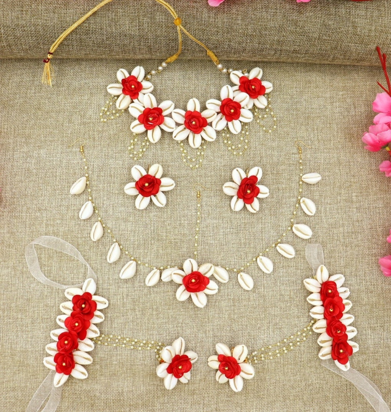 Red Bridal Shells Haldi Floral Jewelry Mehendi Floral Shells Jewelry ...