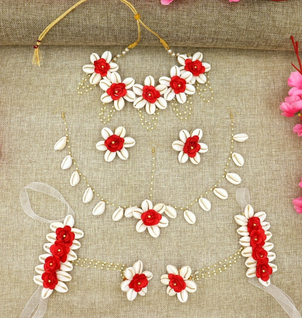 Red Bridal Shells Haldi Floral Jewelry Mehendi Floral Shells Jewelry ...