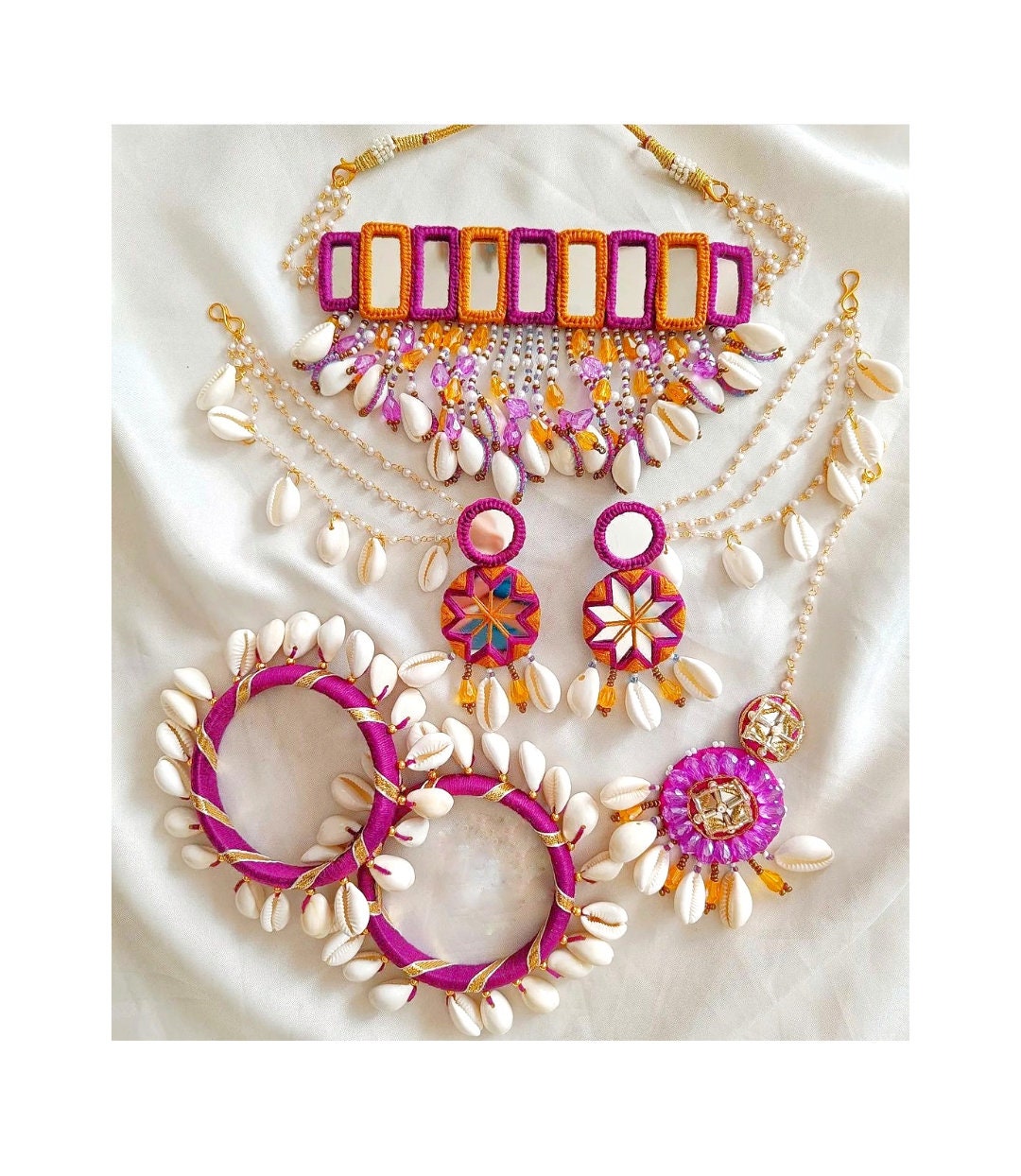 Haldi Bridal Handicraft Cowrie Shell Jewelry Handmade Hot Pink Yellow ...