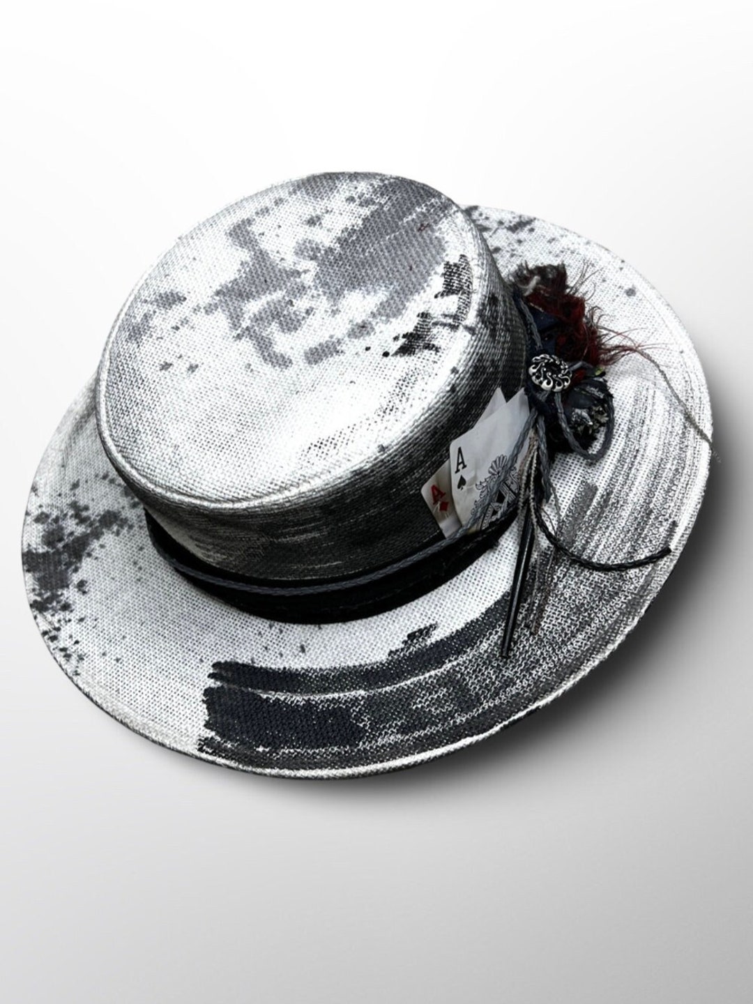 Size 59 Mod Black & White Handpainted Boater Hat Bespoke Custom Design ...