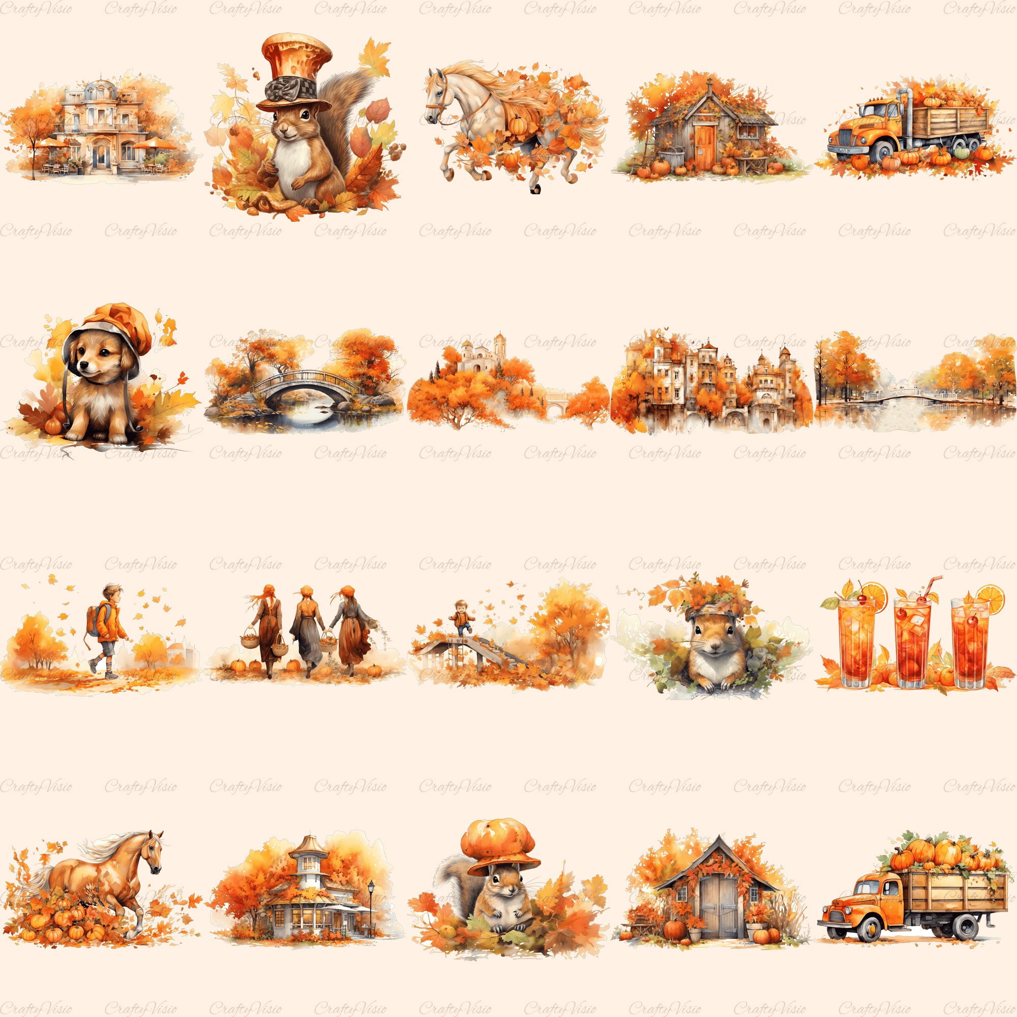 Watercolor Autumn Clipart Bundle, Autumn Time, Fall Leaves and Trees ...