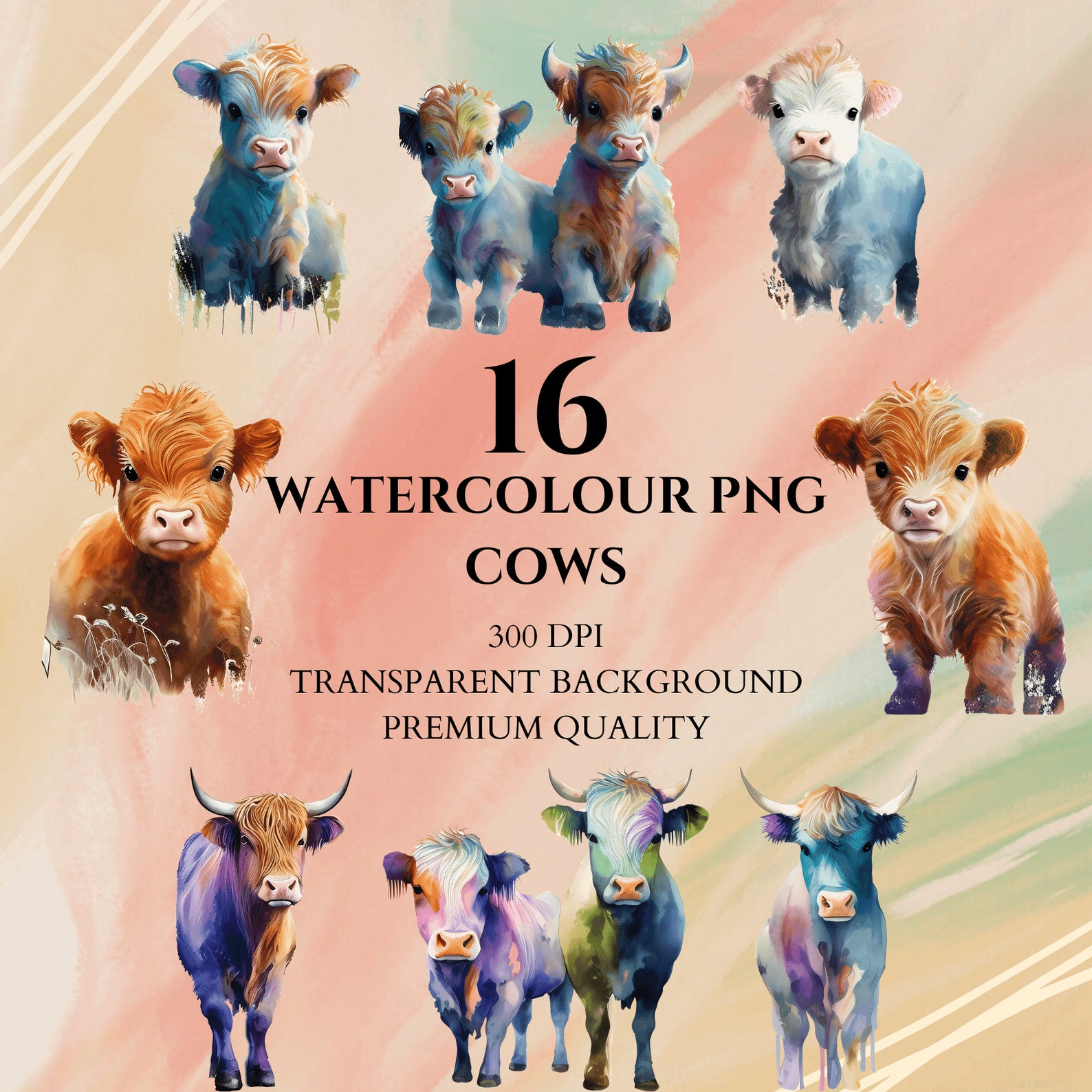 Watercolor Cow Clipart, Highland Cow PNG, Baby Animals, Baby Shower ...