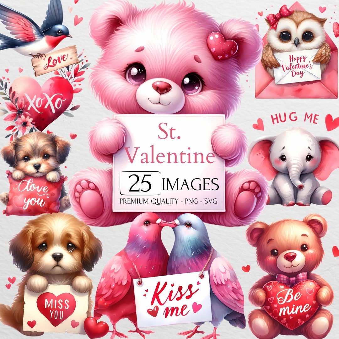 Cute Watercolor Valentines Day Baby Animals Clipart Bundle, PNG and SVG ...