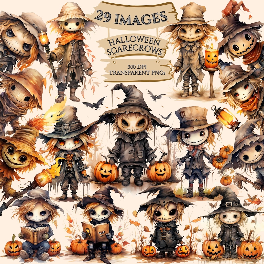 Watercolor Halloween Scarecrows Clipart, Cute Halloween Characters ...