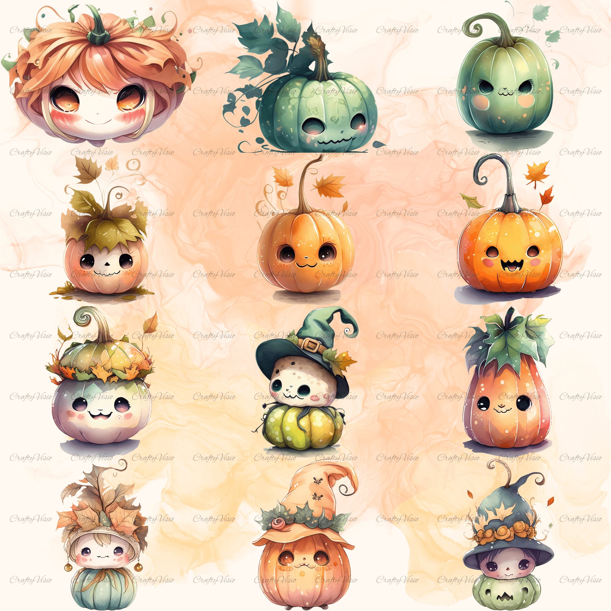 Watercolor Halloween Pumpkin Clipart PNG Bundle Printable - Etsy