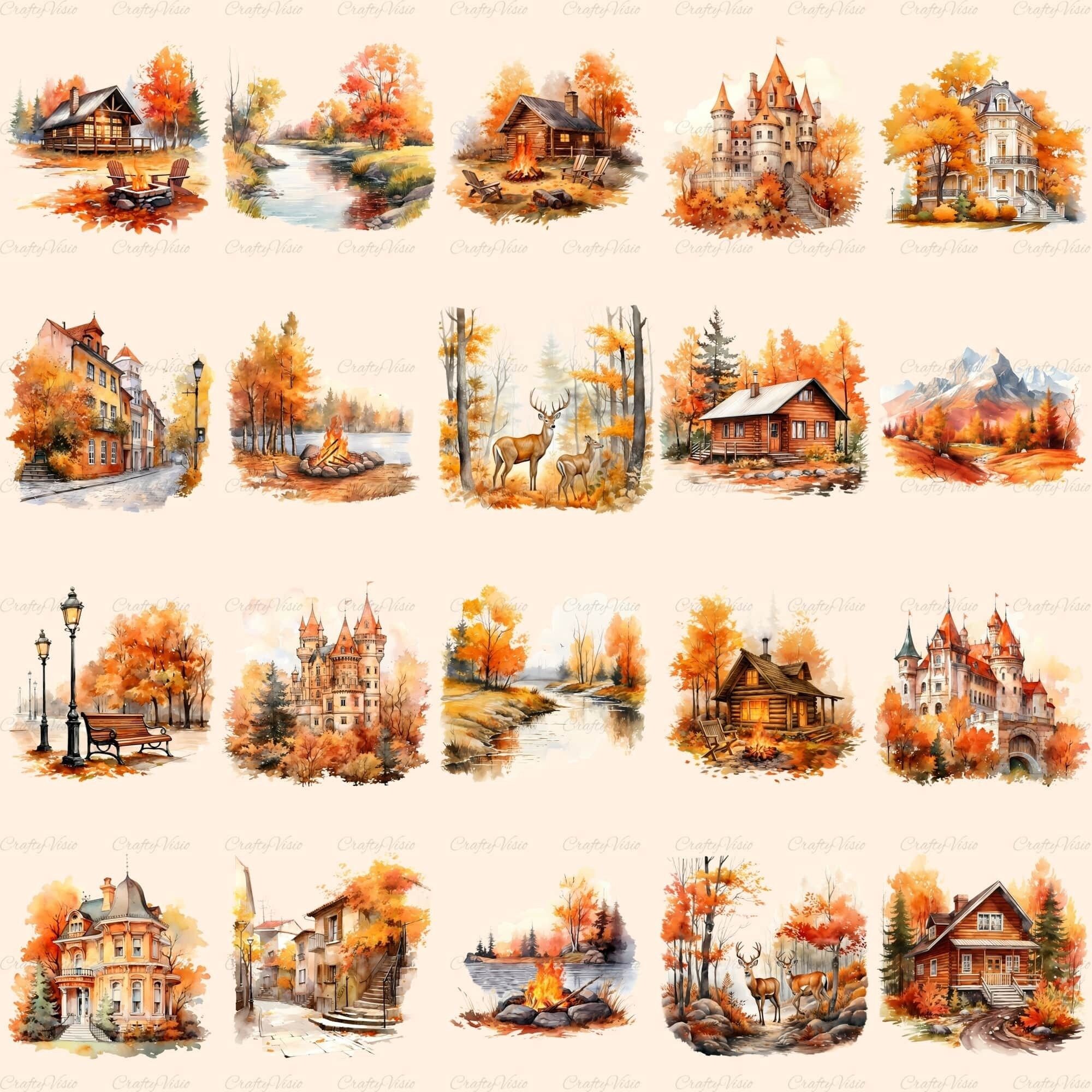 Watercolor Autumn Mega Clipart Bundle, Fall Season, Trees and Leaves ...