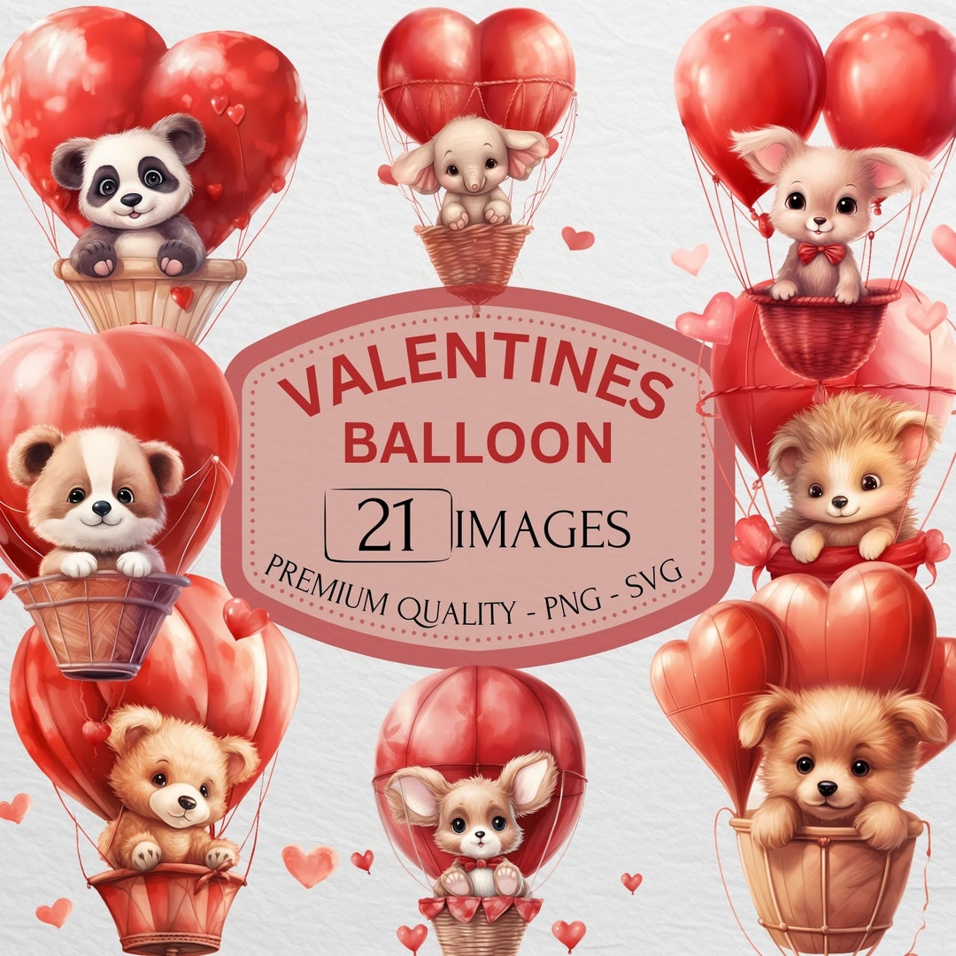 Cute Watercolor Hot Air Balloon Baby Animals Clipart, Valentines Day ...