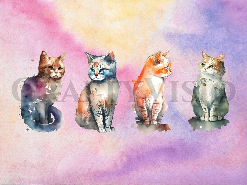 Watercolor Cats, Clipart Bundle, Printable Image, Digital Download ...