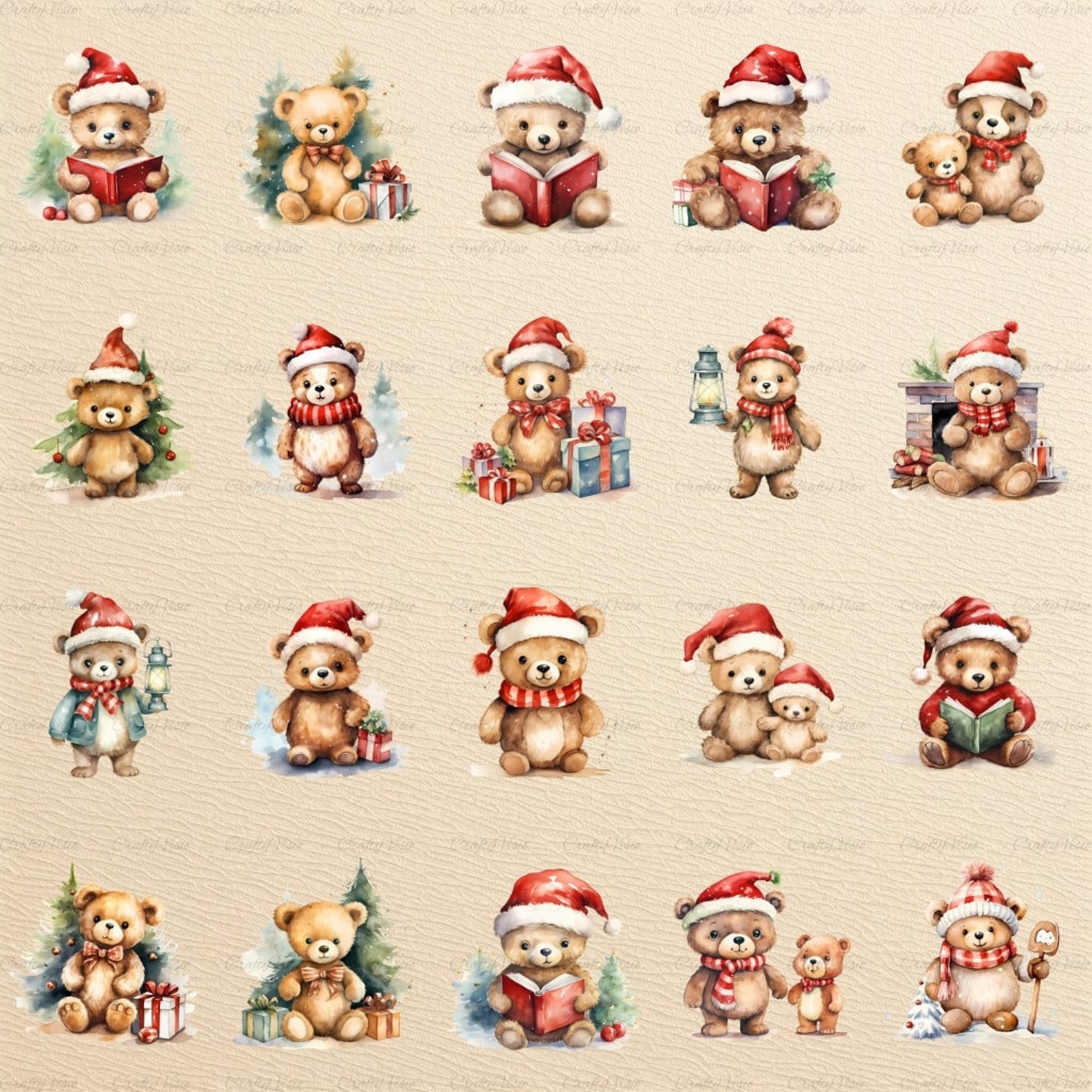 Cute Watercolor Christmas Bears Clipart, Woodland Baby Animals Bundle ...