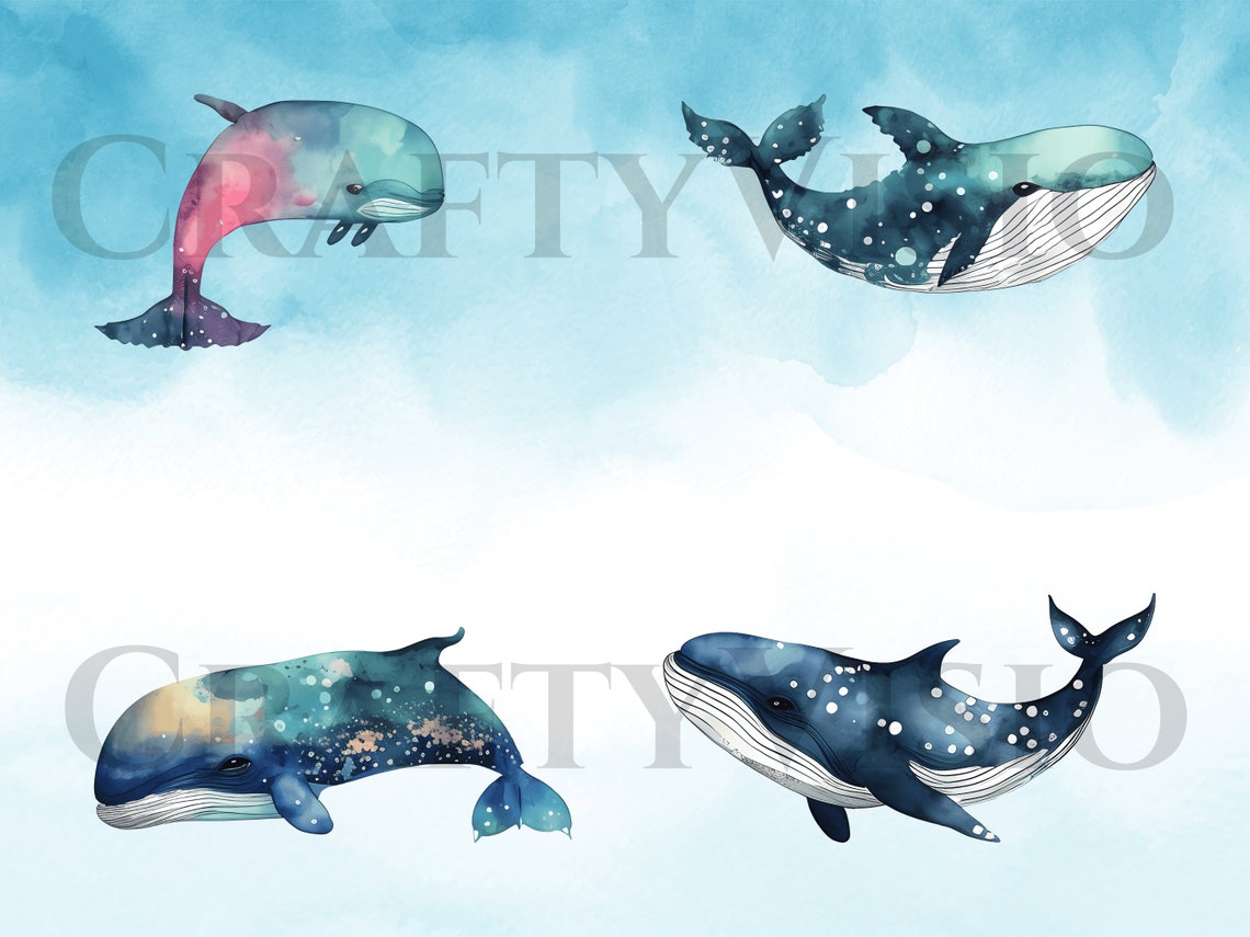 Whale Watercolor Clipart, Ocean Animals, Sea Creatures, Nursery Decor ...