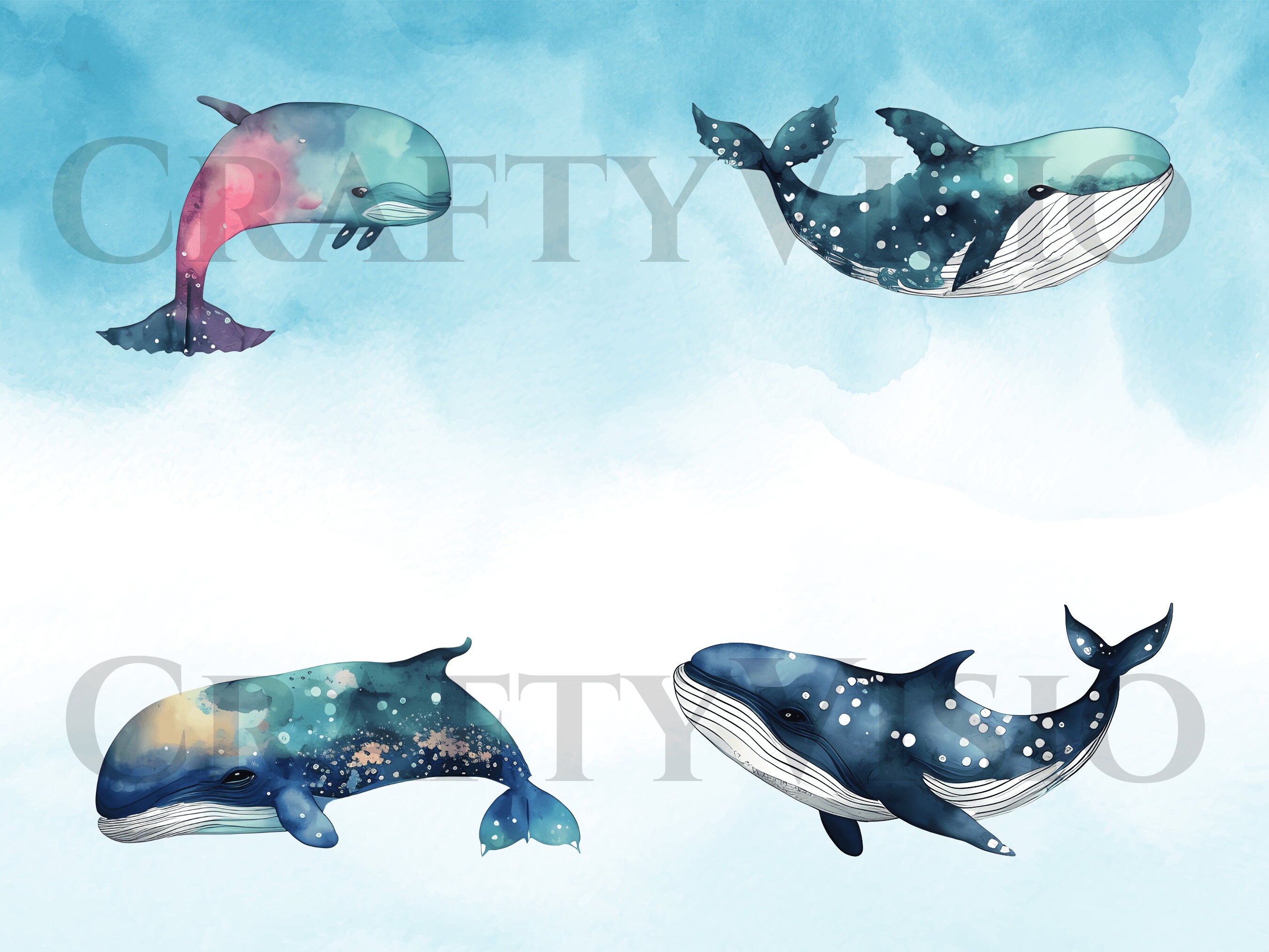 Whale Watercolor Clipart, Ocean Animals, Sea Creatures, Nursery Decor ...