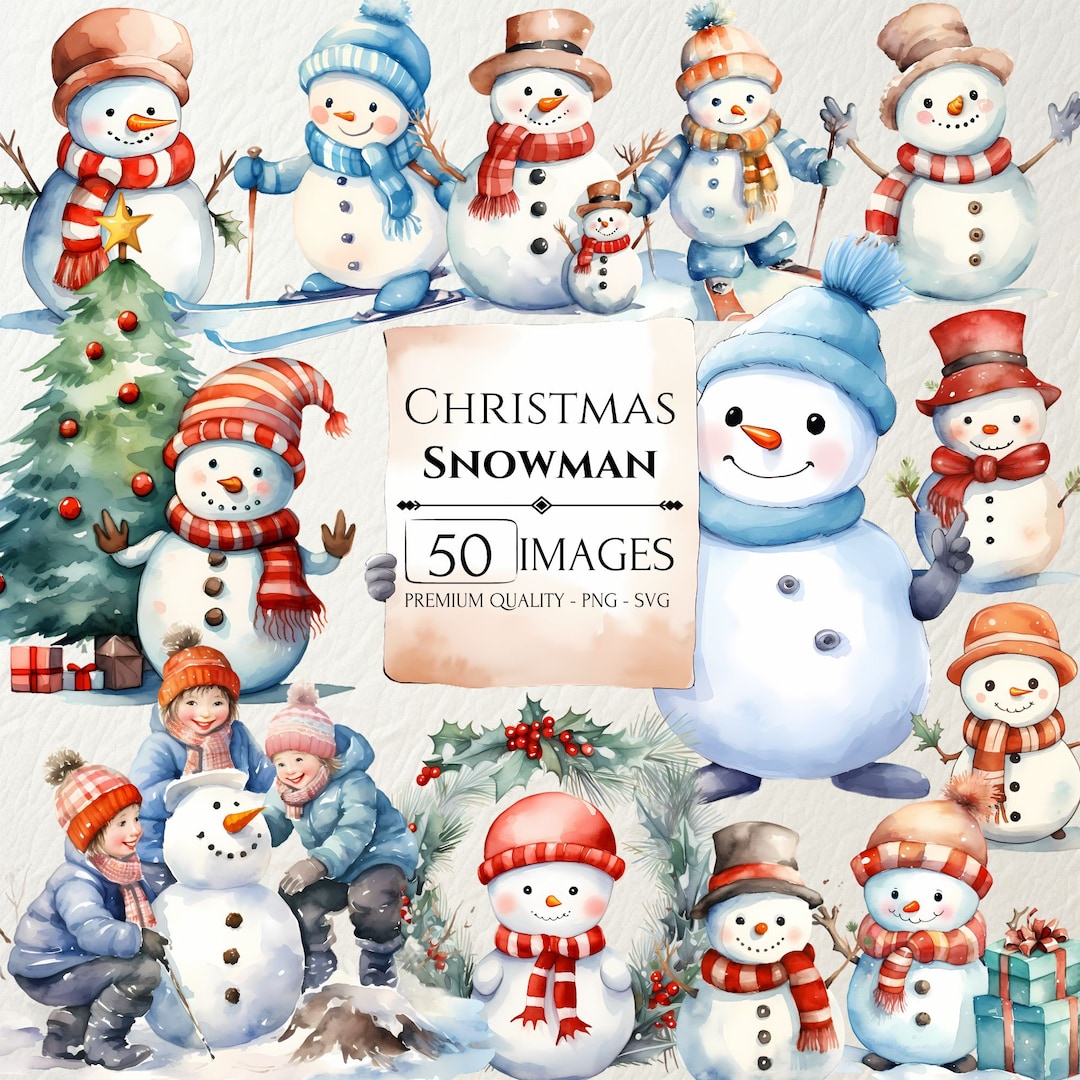Cute Watercolor Christmas Snowman Clipart, Xmas Graphics Bundle, Winter ...