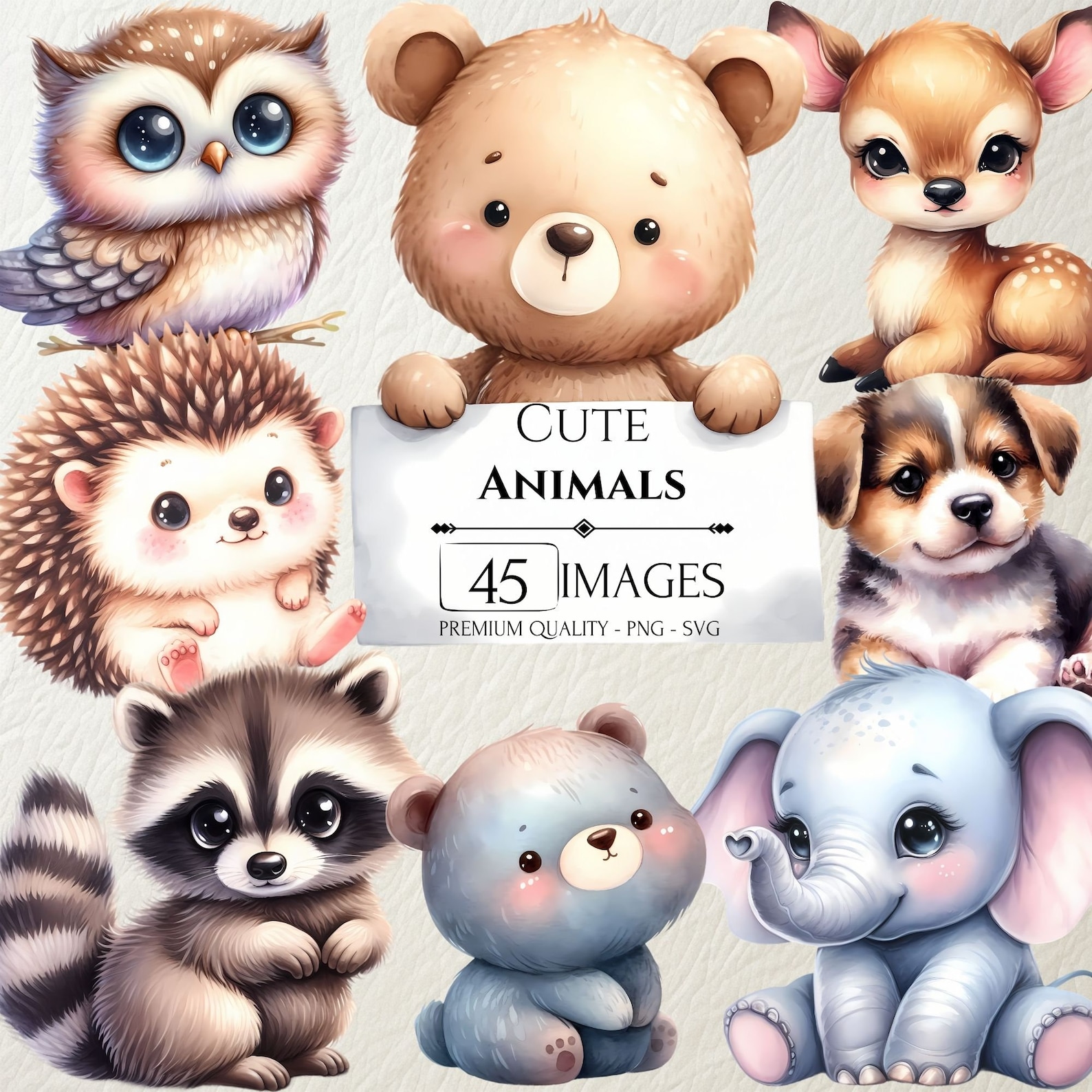 Cute Watercolor Baby Animals Clipart, Woodland Animals Bundle, Elephant ...
