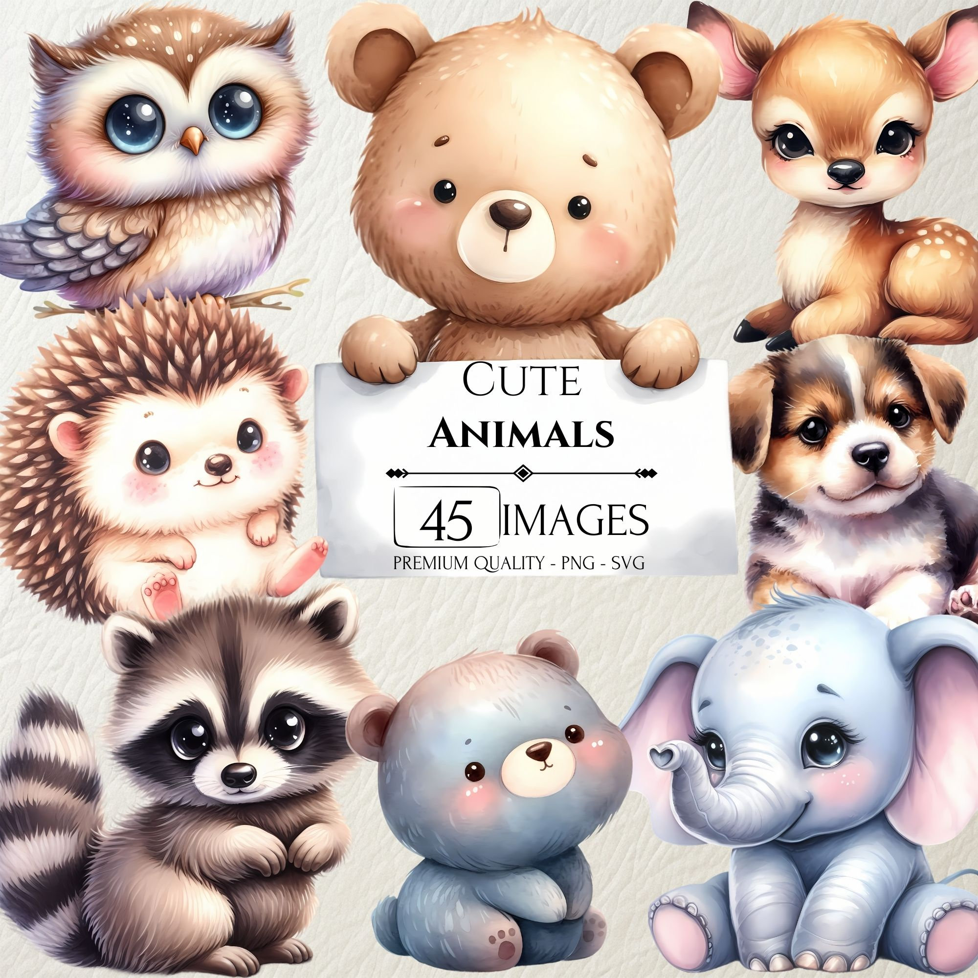Cute Watercolor Baby Animals Clipart, Woodland Animals Bundle, Elephant ...