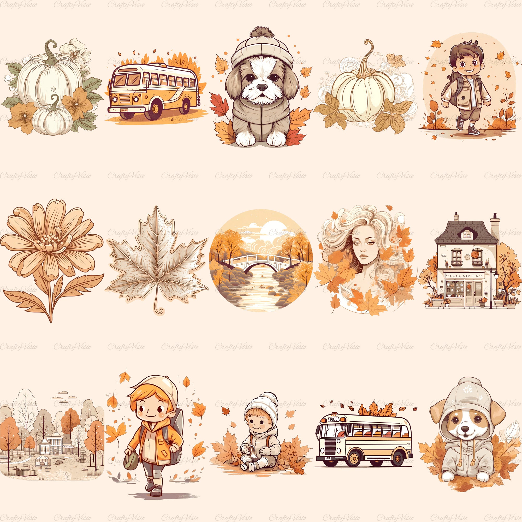 Autumn Clipart Elements, Fall Bundle, PNG and SVG, Sublimation Designs ...