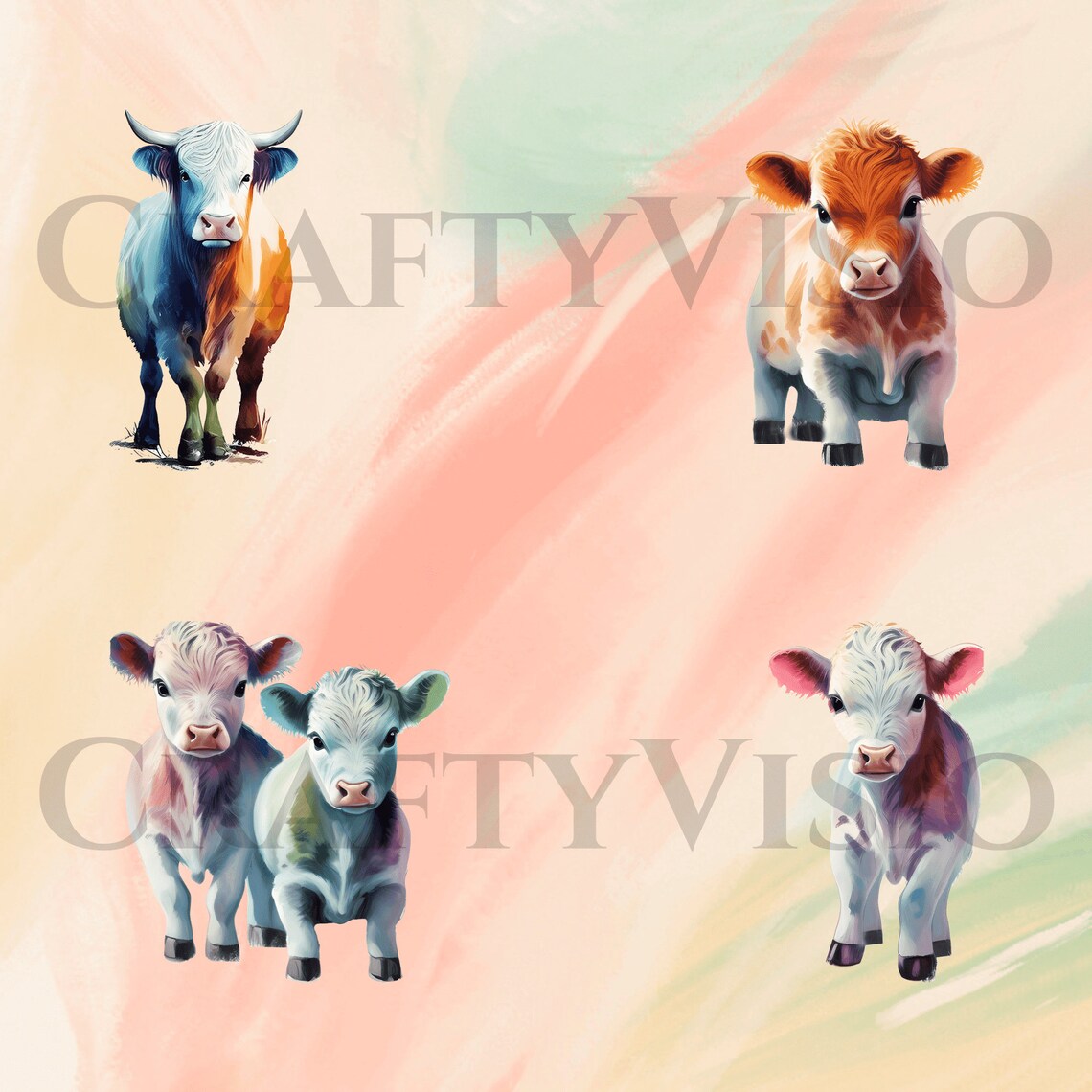 Watercolor Cow Clipart, Highland Cow PNG, Baby Animals, Baby Shower ...