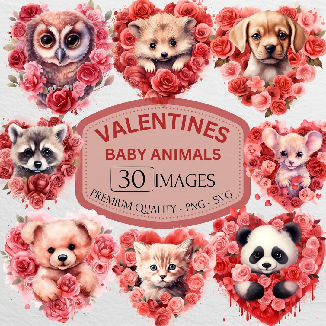 Cute Watercolor Valentines Day Baby Animals Clipart, Heart Roses Design ...