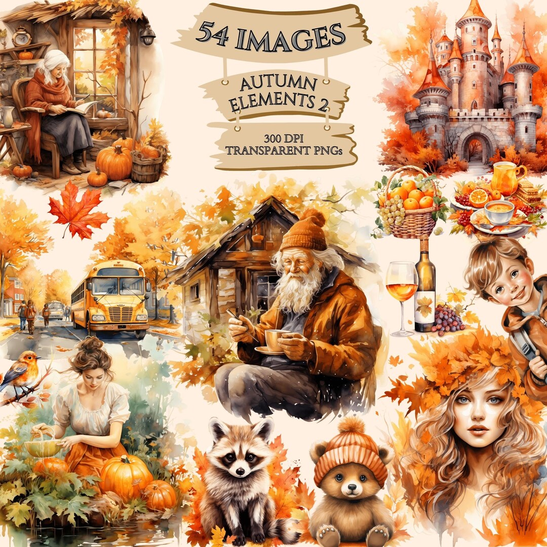 Watercolor Autumn Clipart Bundle, Autumn Time, Fall Leaves and Trees ...