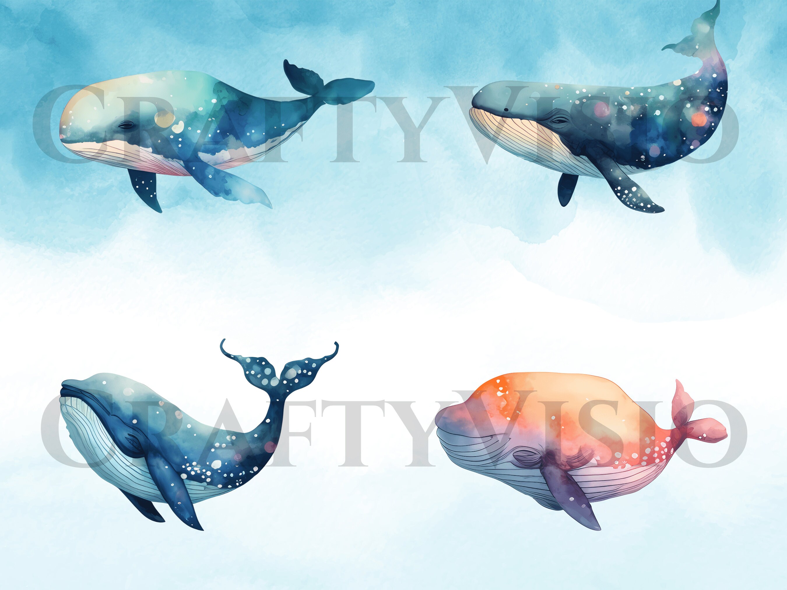 Whale Watercolor Clipart, Ocean Animals, Sea Creatures, Nursery Decor ...