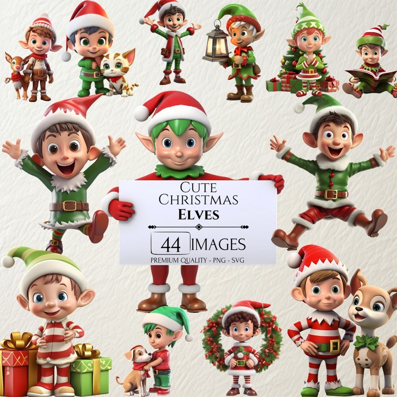 Cute 3D Christmas Elves Clipart, Xmas Elf Illustration Bundle, Xmas ...