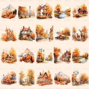 Watercolor Autumn Scenery Clipart Bundle, Fall Landscapes, PNG Graphics ...