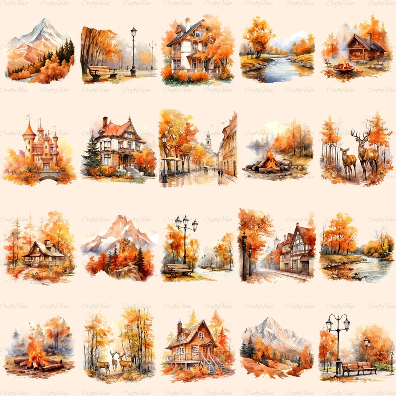 Watercolor Autumn Scenery Clipart Bundle, Fall Landscapes, PNG Graphics ...