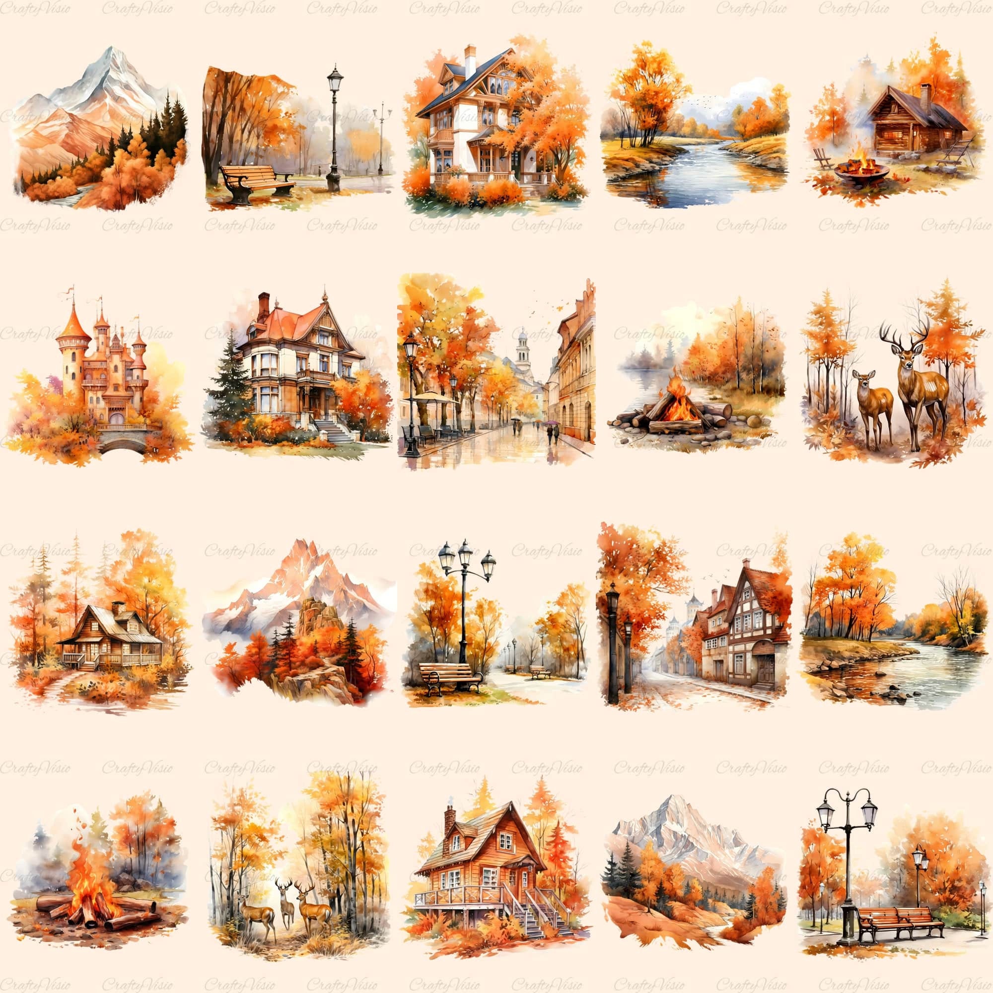 Watercolor Autumn Scenery Clipart Bundle, Fall Landscapes, PNG Graphics ...