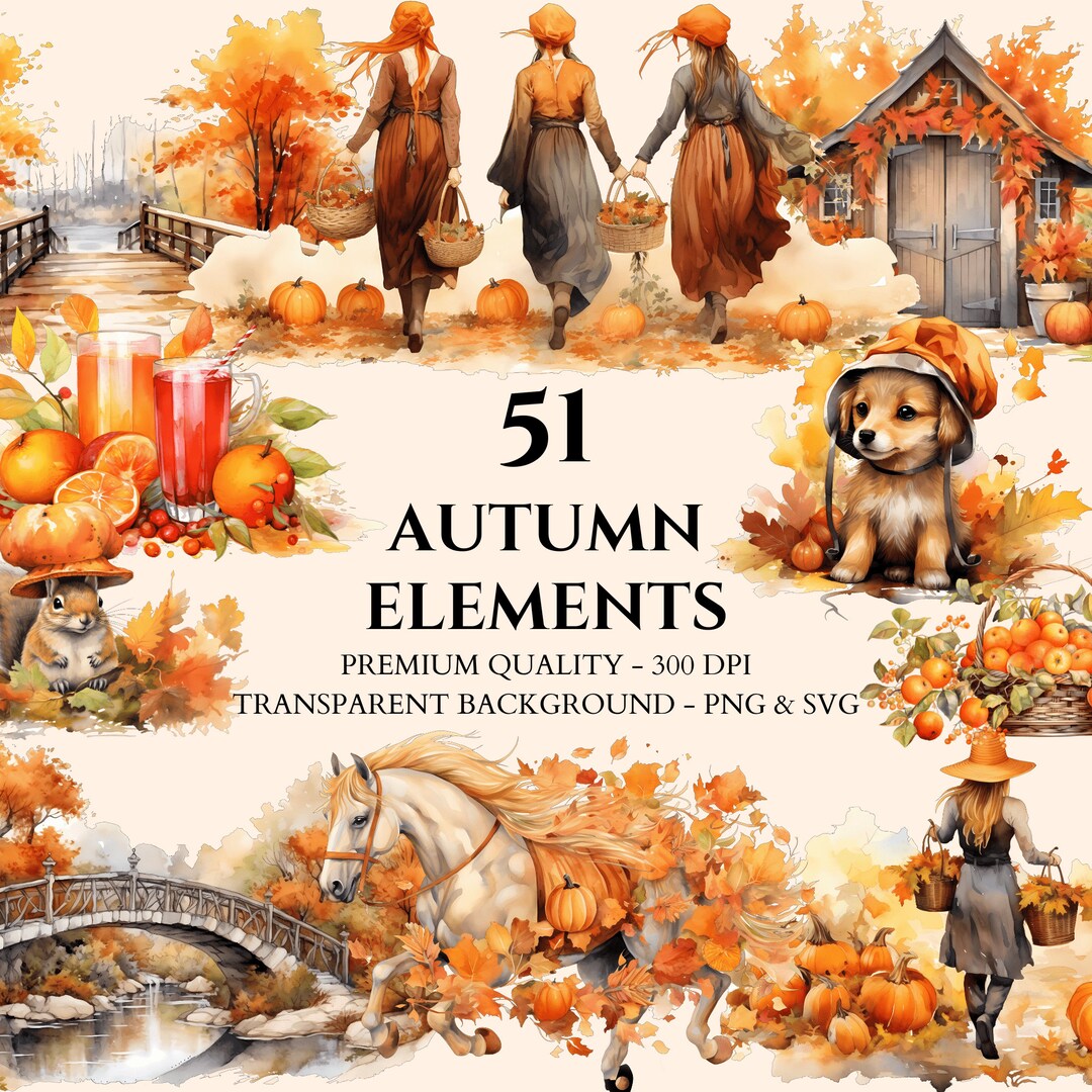 Watercolor Autumn Clipart Bundle, Autumn Time, Fall Leaves and Trees ...