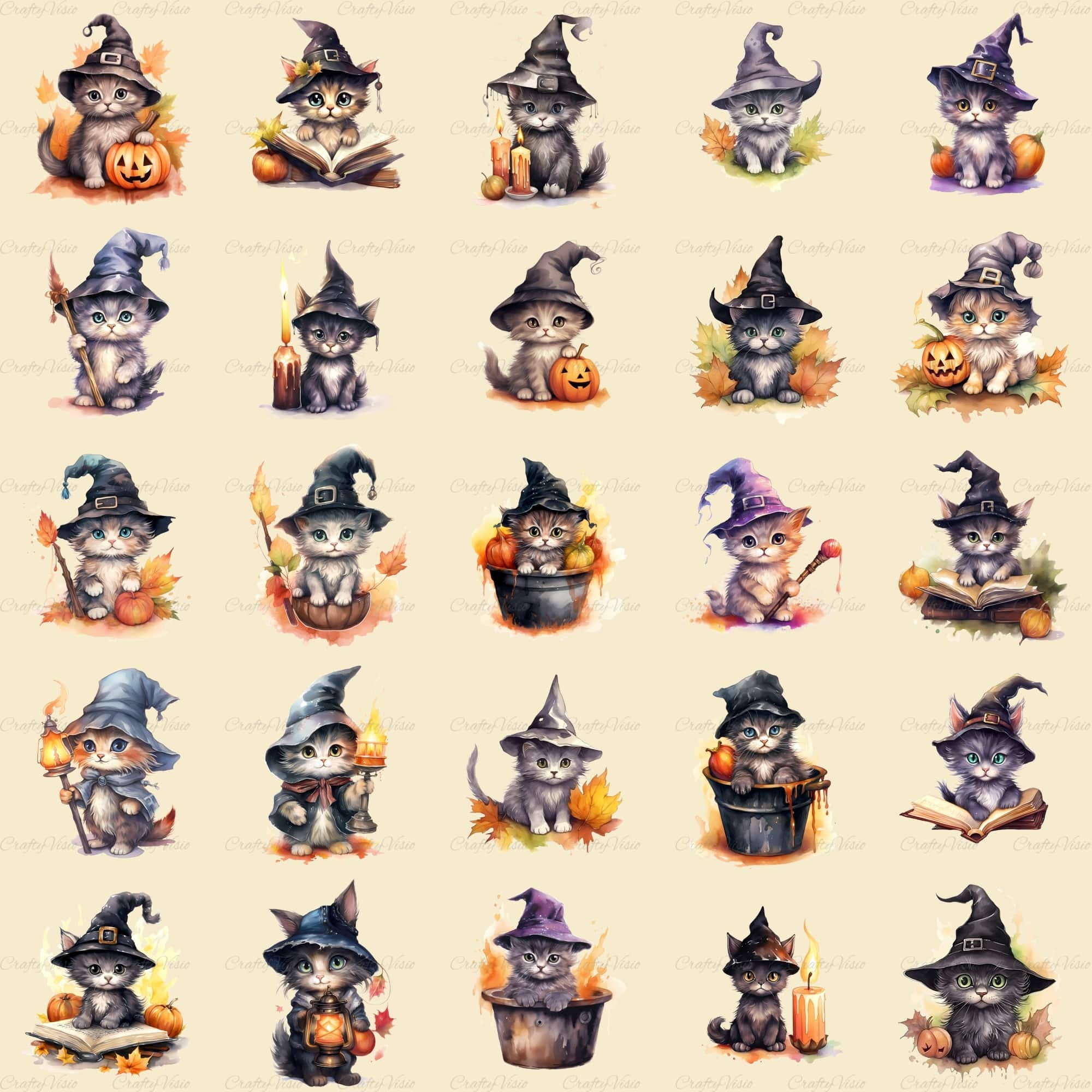 Watercolor Cat Clipart, Spooky Halloween Kitten Bundle, PNG Graphics ...
