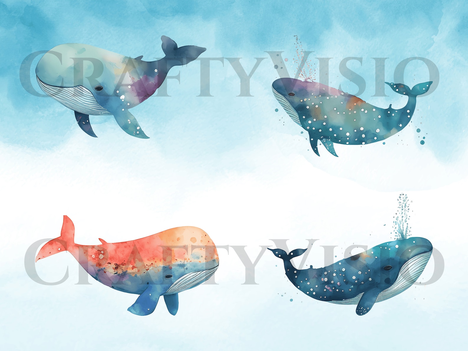 Whale Watercolor Clipart, Ocean Animals, Sea Creatures, Nursery Decor ...