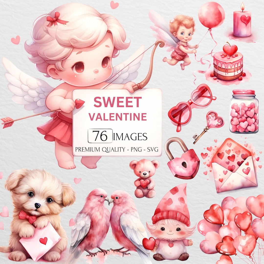 Watercolor Valentines Day Clipart, Lovely Graphics Bundle, Cute Baby ...