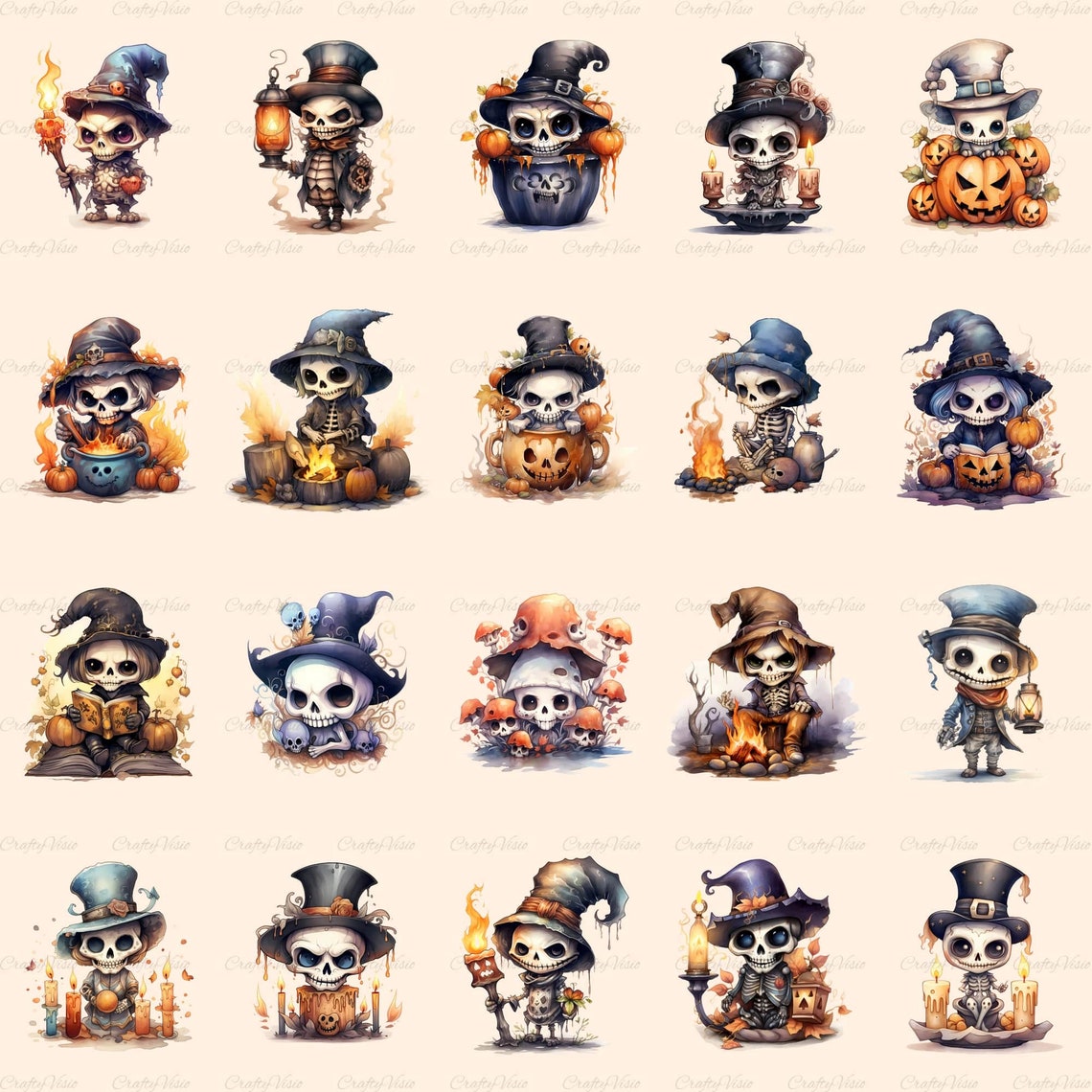 Cute Halloween Skeletons Clipart, Spooky Watercolor Bundle, Skeletons ...