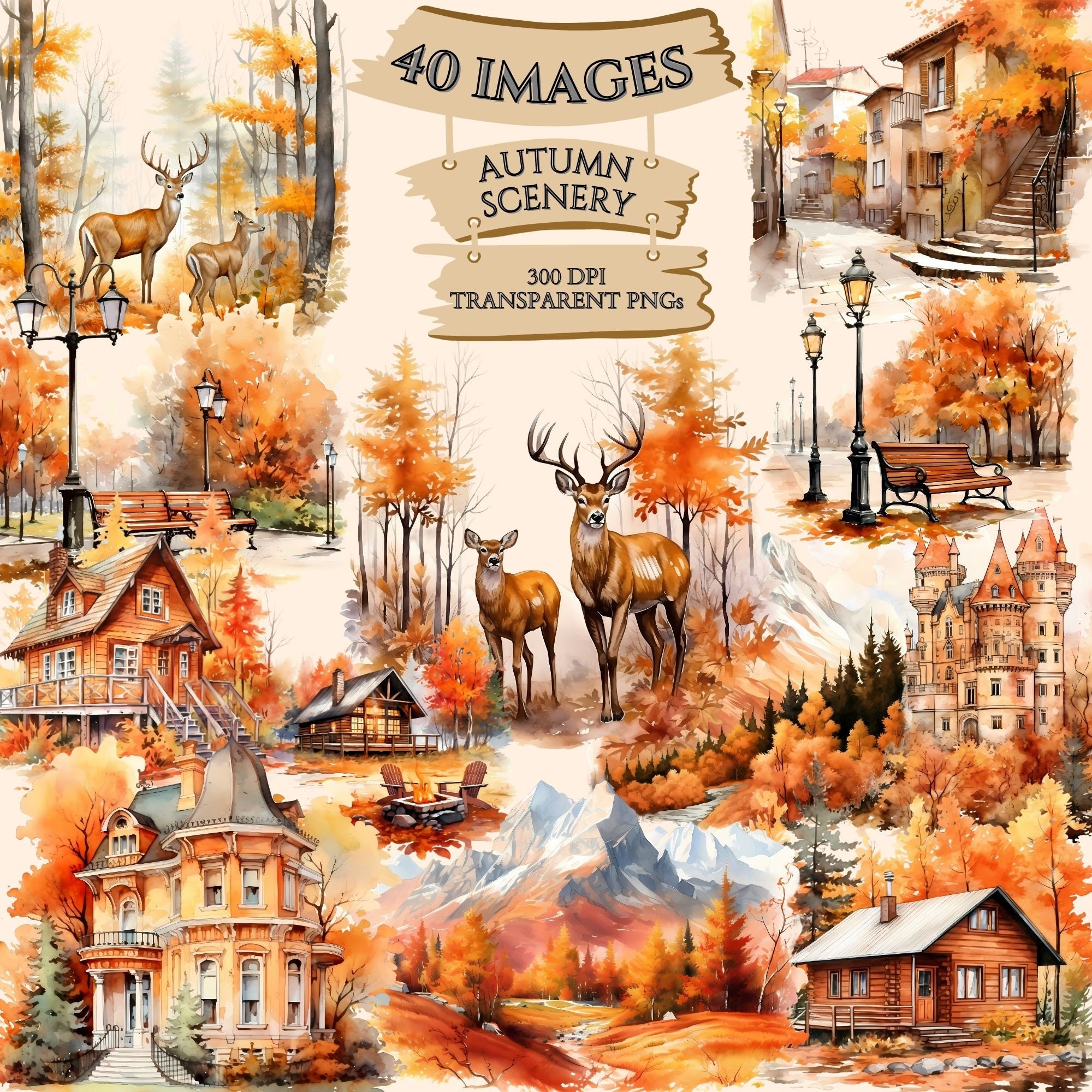Watercolor Autumn Scenery Clipart Bundle, Fall Landscapes, PNG Graphics ...
