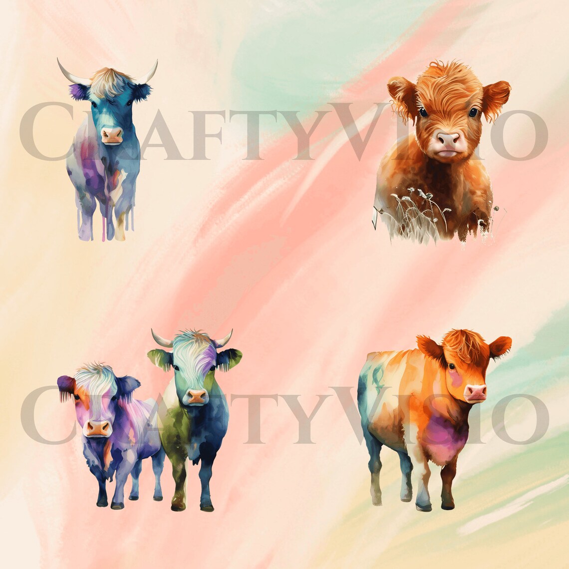 Watercolor Cow Clipart, Highland Cow PNG, Baby Animals, Baby Shower ...