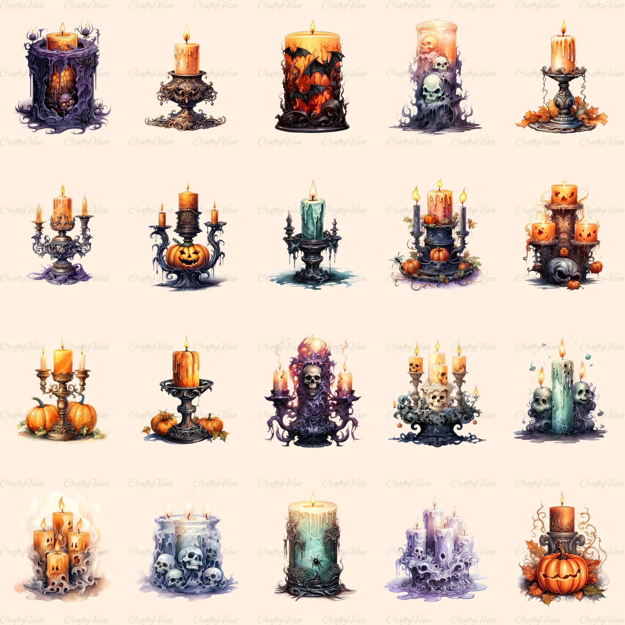 Watercolor Halloween Candles, Spooky Clipart Bundle, Pumpkins & Skulls ...