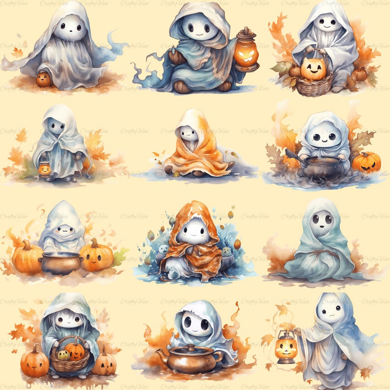 Watercolor Halloween Ghost Clipart, Spooky Ghosts, PNG Bundle ...