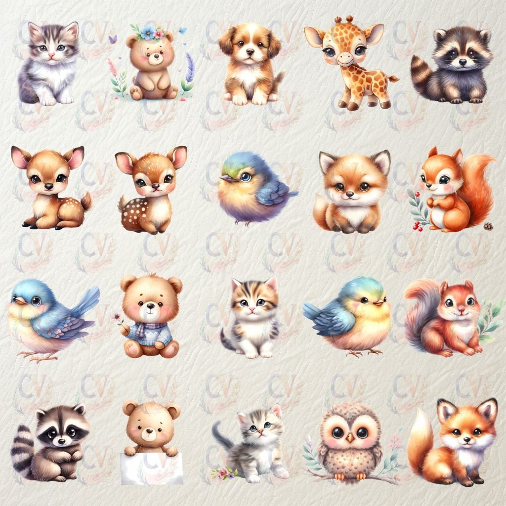 Cute Watercolor Baby Animals Clipart, Woodland Animals Bundle, Elephant ...