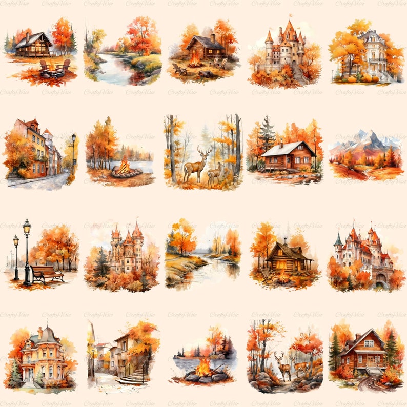 Watercolor Autumn Scenery Clipart Bundle, Fall Landscapes, PNG Graphics ...