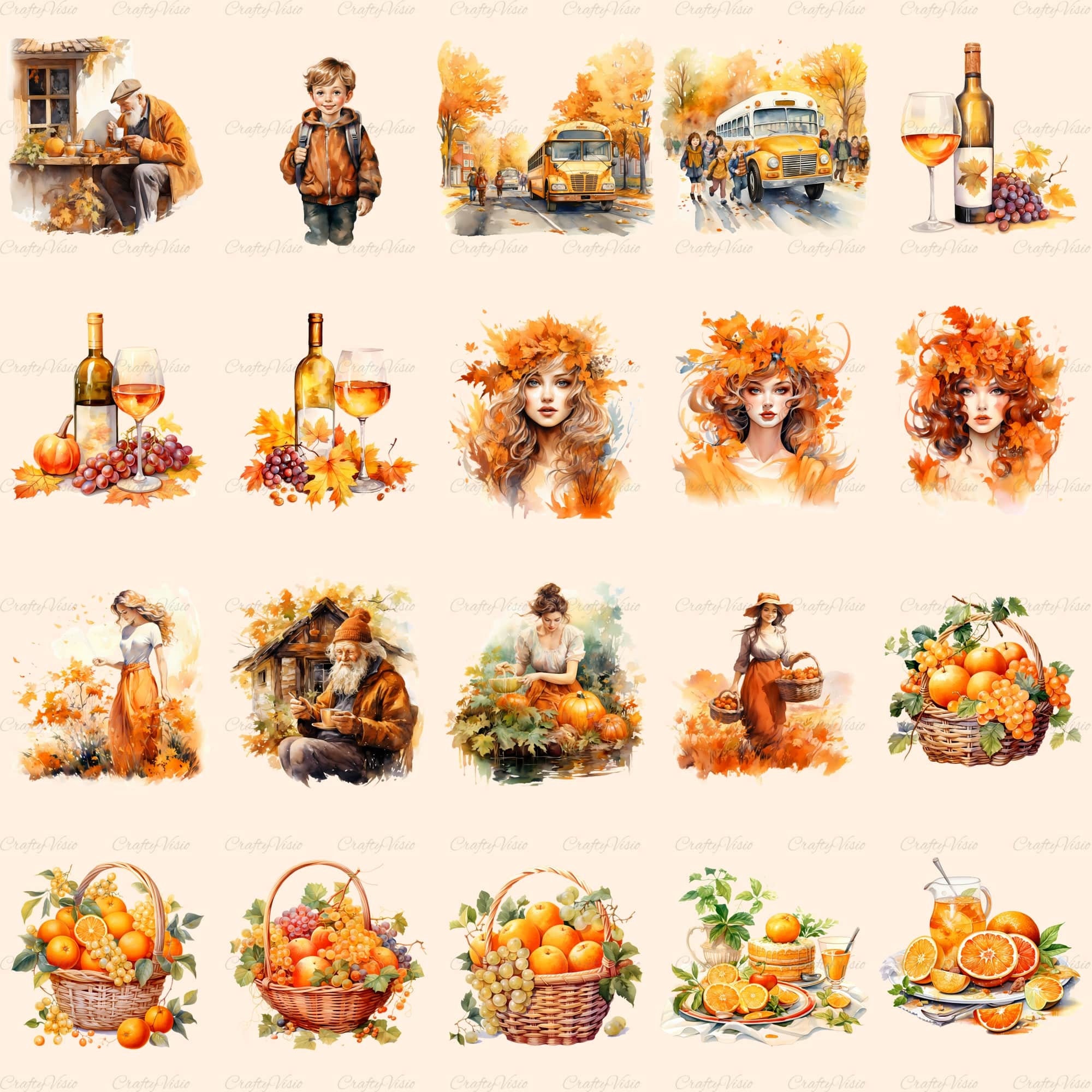 Watercolor Autumn Clipart Bundle, Autumn Time, Fall Leaves and Trees ...