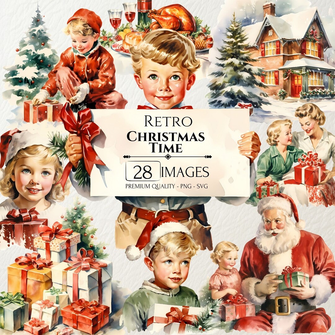 Watercolor Retro Christmas Time Clipart, Vintage Xmas Graphics Bundle ...