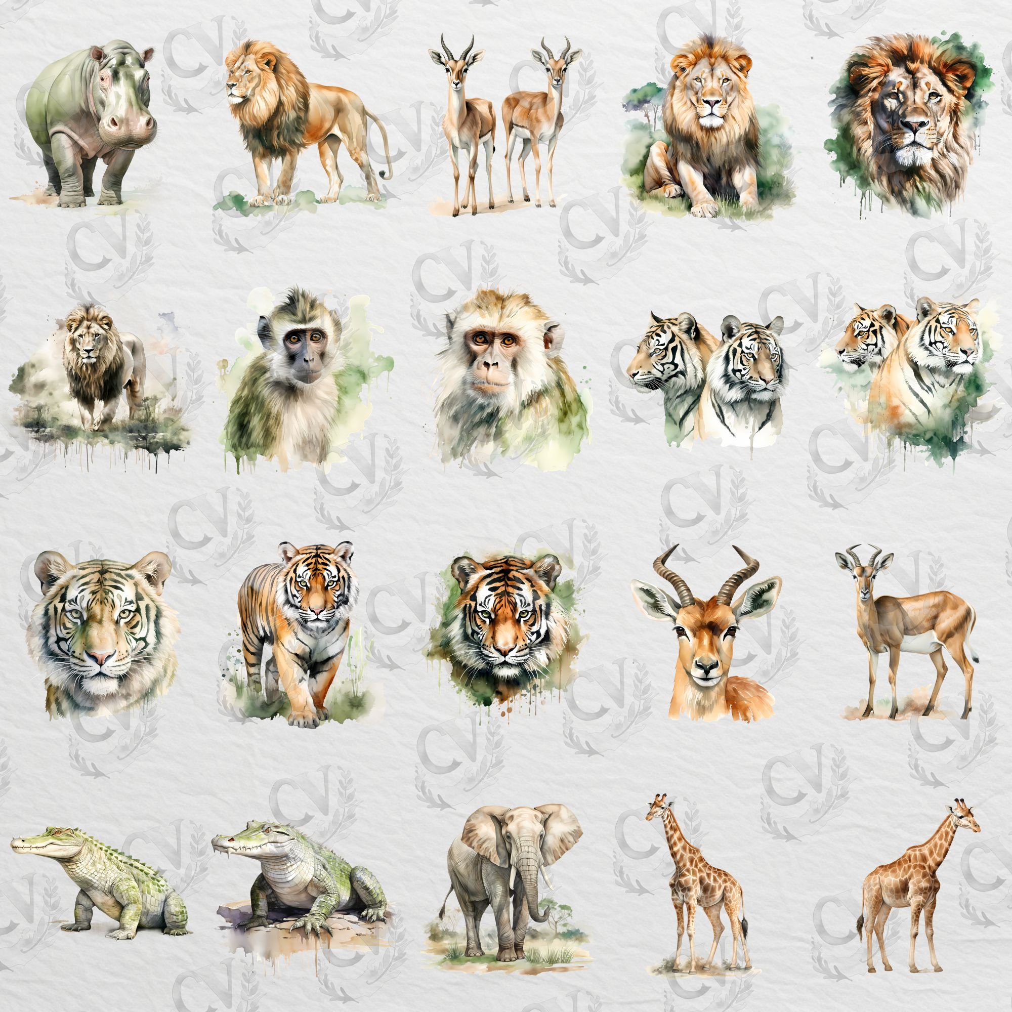 Watercolor Safari Animals Clipart PNG and SVG Graphics - Etsy