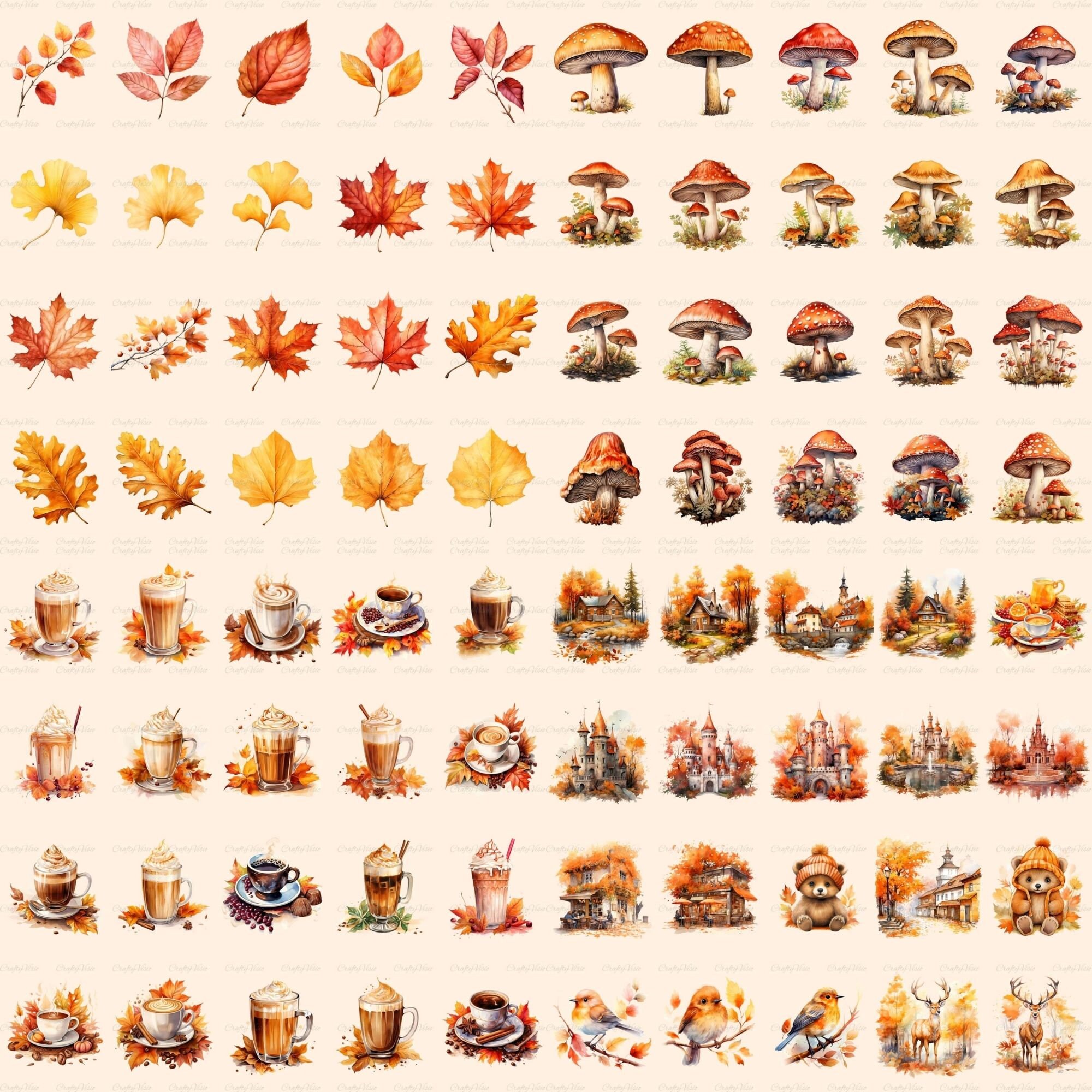 Watercolor Autumn Mega Clipart Bundle, Fall Season, Trees and Leaves ...