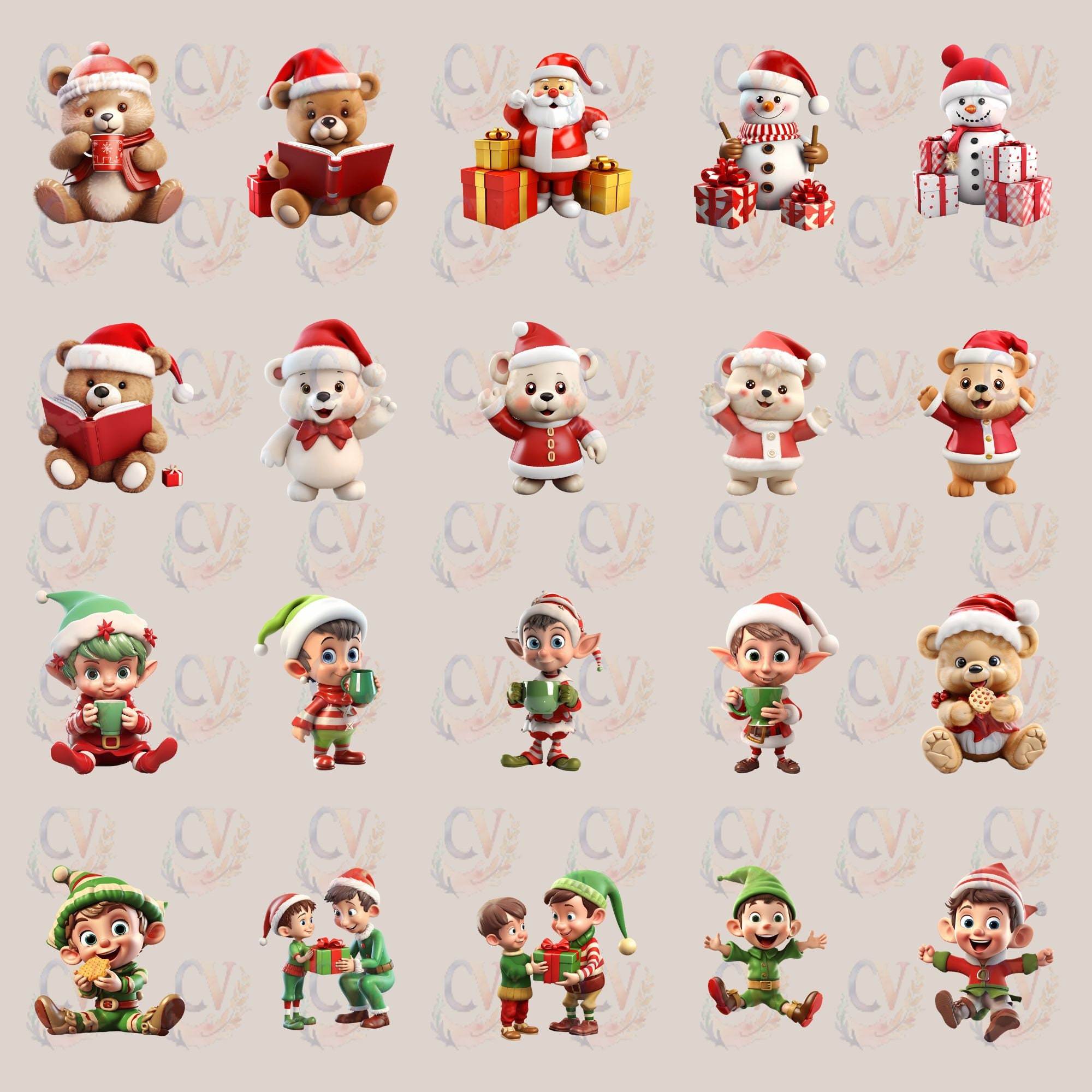 Cute 3D Christmas Characters Clipart, Xmas Illustrations Bundle, Santa ...