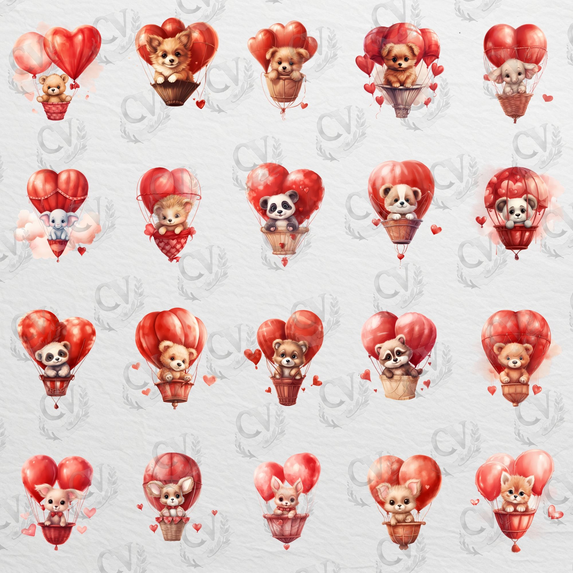 Cute Watercolor Hot Air Balloon Baby Animals Clipart, Valentines Day ...