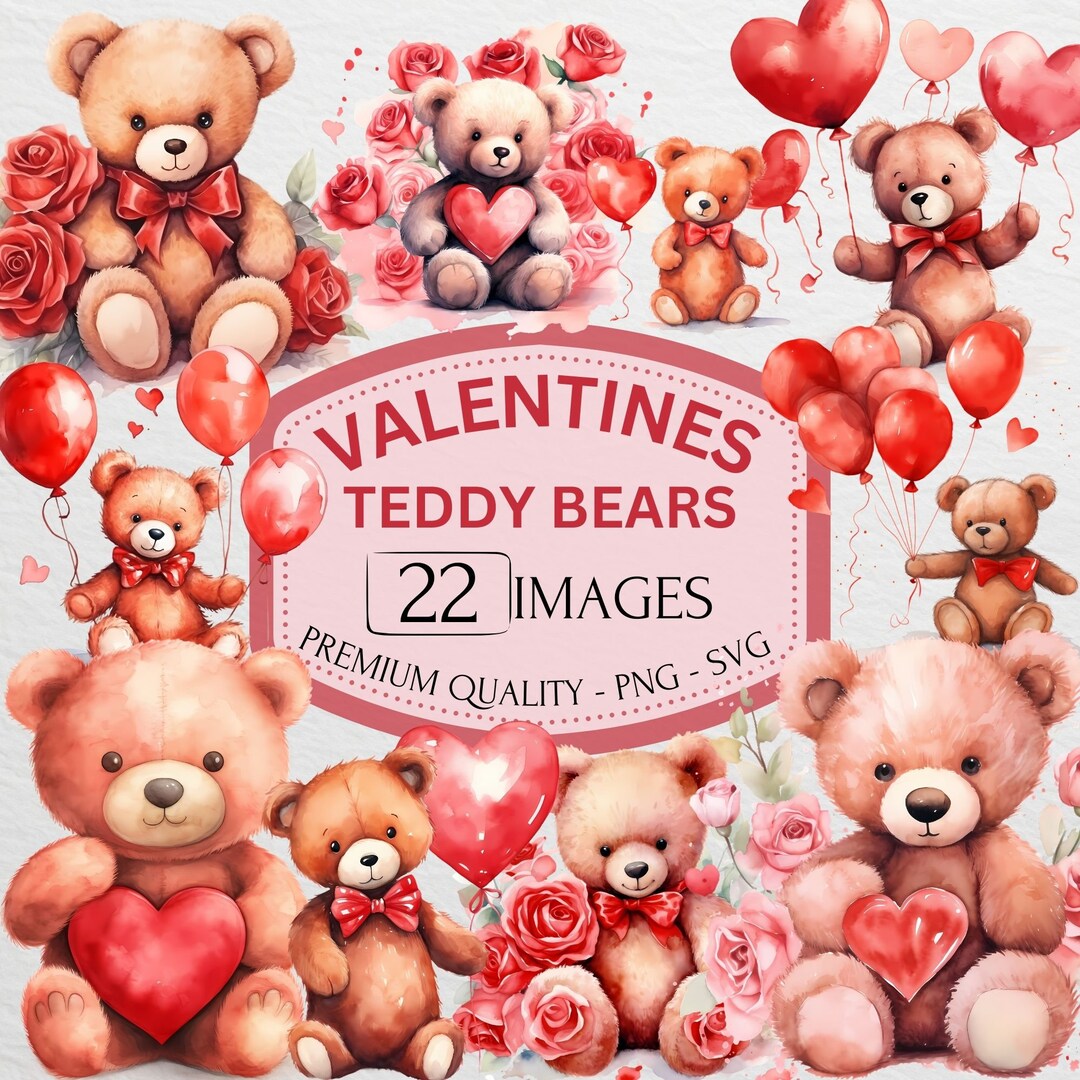 Cute Watercolor Valentines Day Teddy Bears Clipart, Love Clipart Bundle ...