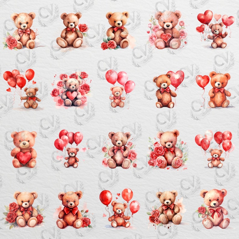 Cute Watercolor Valentines Day Teddy Bears Clipart, Love Clipart Bundle ...